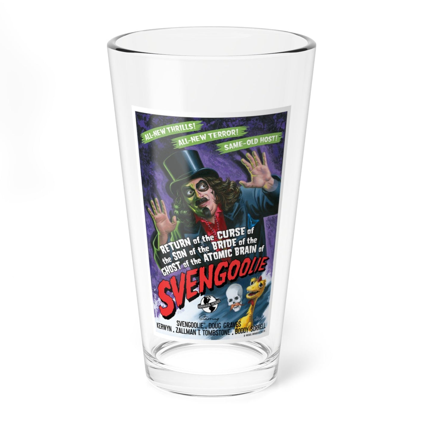 "The Horror of Svengoolie® Poster" Pint Glass by Bill Morrison — MeTV Mall