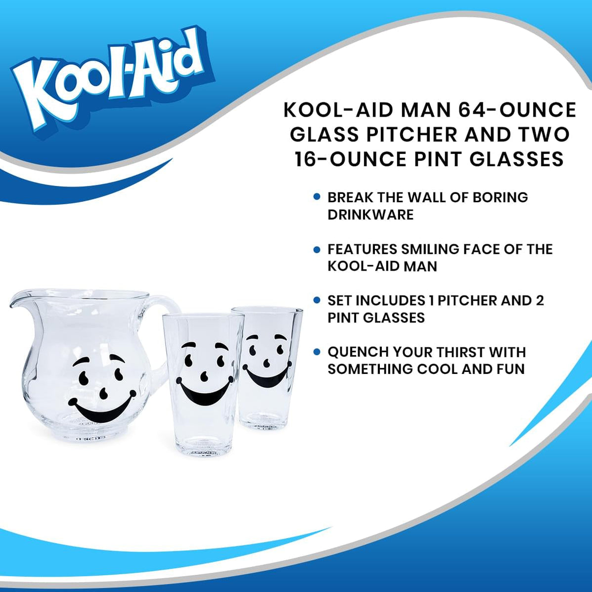 Kool-Aid Man 64oz Glass Pitcher and 2 Pint Glasses | Free Shipping ...